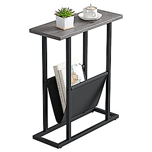 Yusong Small Narrow Side Table for Small Spaces, Slim End Table Magazine Table Nightstand with Storage Holder, Accent Skinny Snack Couch Bedside Table, Grey