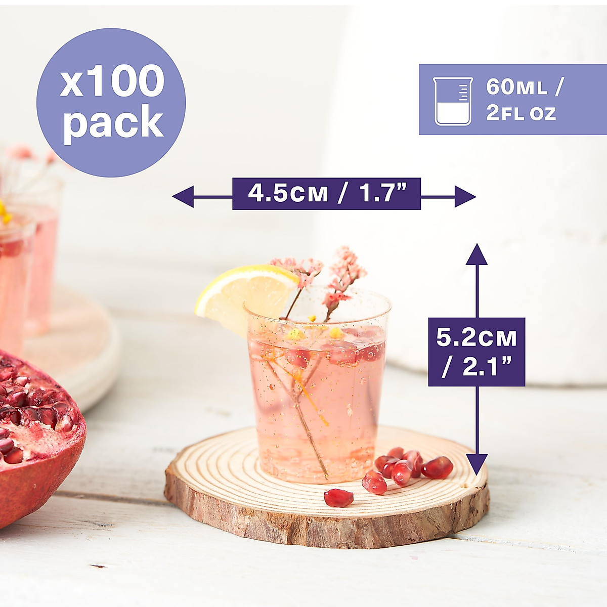 MATANA 100 Pack Clear Plastic Shot Glasses Gold Glitter 2 Oz - Sturdy & Reusable - Jello & Tequila Shots, Sample Tasting Cups - Birthdays, Weddings, Christmas, BBQ, Parties