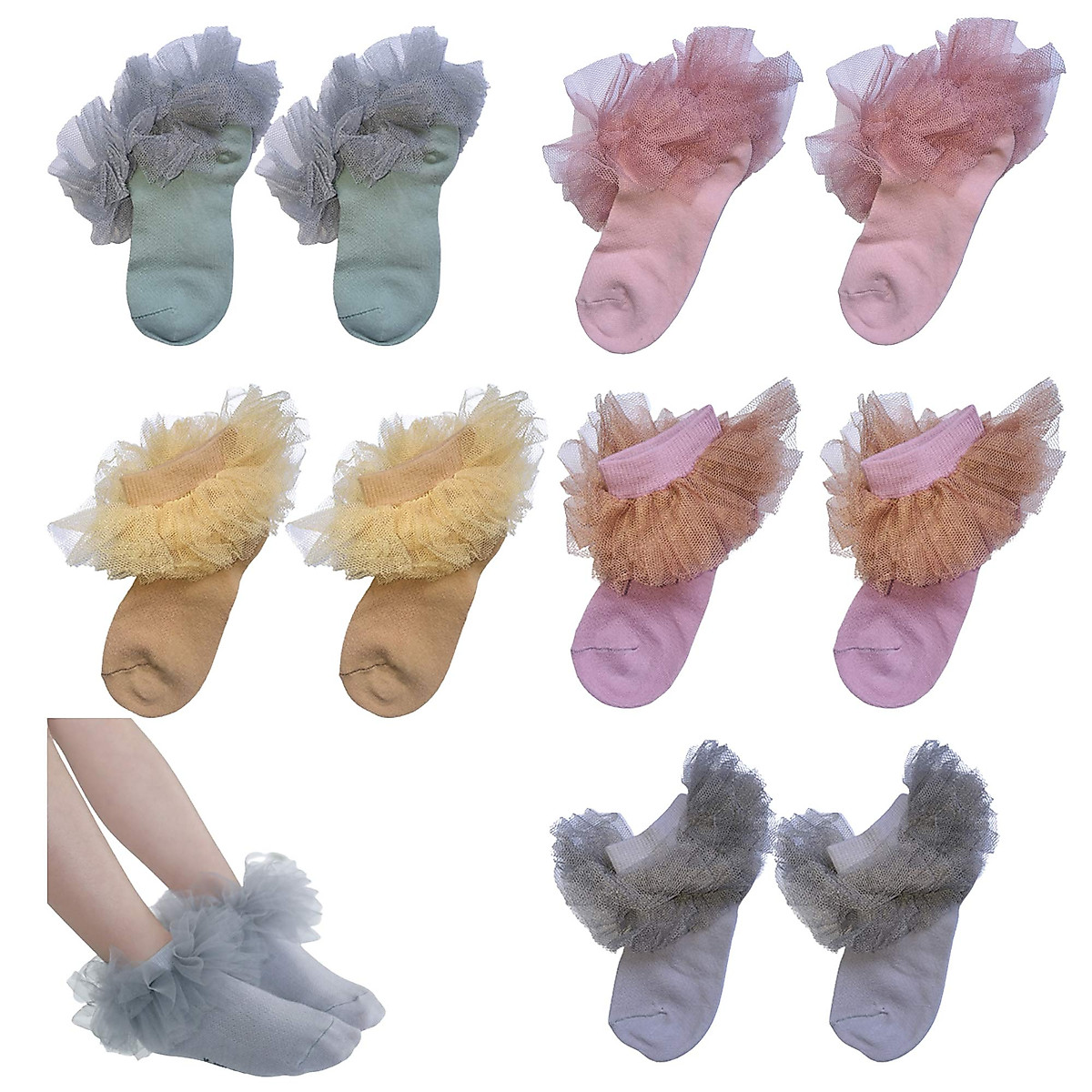Frillybutts 5 Pairs Girl Lace Tutu Socks Baby toddler Girls Eyelet Turn Cuff Ruffle Lace Socks Triple Lace Dressy Socks 1-3T