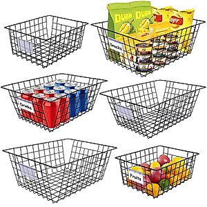 DR.DUDU 6 Pack Extra Large Wire Storage Baskets for Organizing with Lables, Metal Kitchen Organizers and Storage Baskets for Pantry Garage Freezer, Onion Potato Snack Storage Bins (Black)