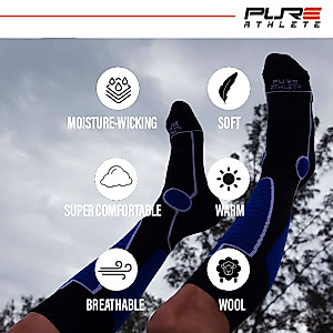Pure Athlete Midweight Ski Socks - Warmest Winter Thermal Socks for Men Women Skiing Snowboarding Hiking Hunting (M, Black/Blue)