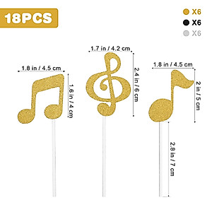 Healifty 18PCS Glitter Music Notation Birthday Cake Toppers Birthday Party Decor for Baby Shower Wedding Birthday Party (Golden Silver Black)