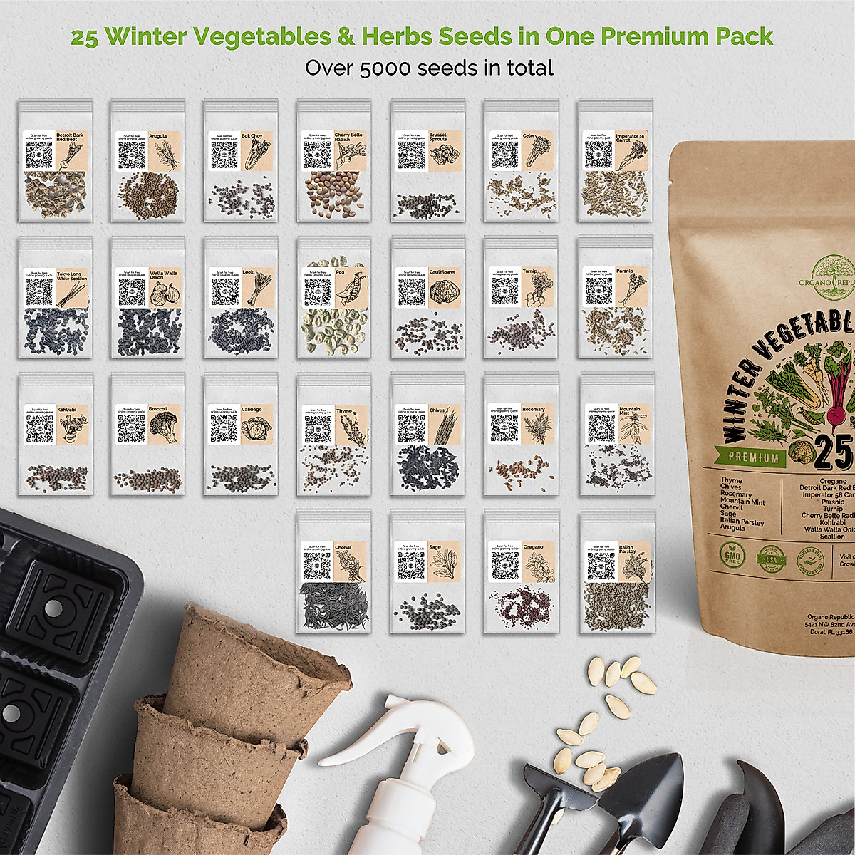 Organo Republic 25 Winter Vegetable & Herb Garden Seeds Variety Pack for Outdoors & Indoor Home Gardening 5000+ Non-GMO Heirloom Seeds Broccoli Beet Carrot Cabbage Radish Pea Mint Thyme Parsley