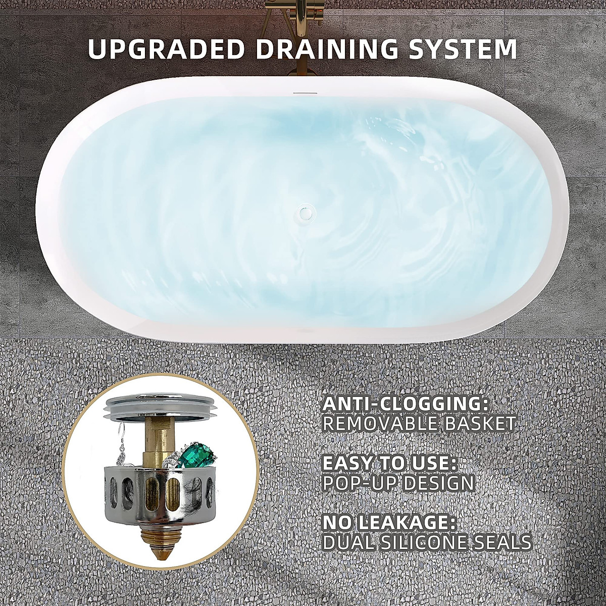 ZUAGCO Free Standing Tub 59" Curve Shape Acrylic Freestanding Bathtub Adjustable Modern Soaking Tub with Integrated Slotted Overflow and Removable Pop-up Drain Anti-clogging Glossy White 59"x30"