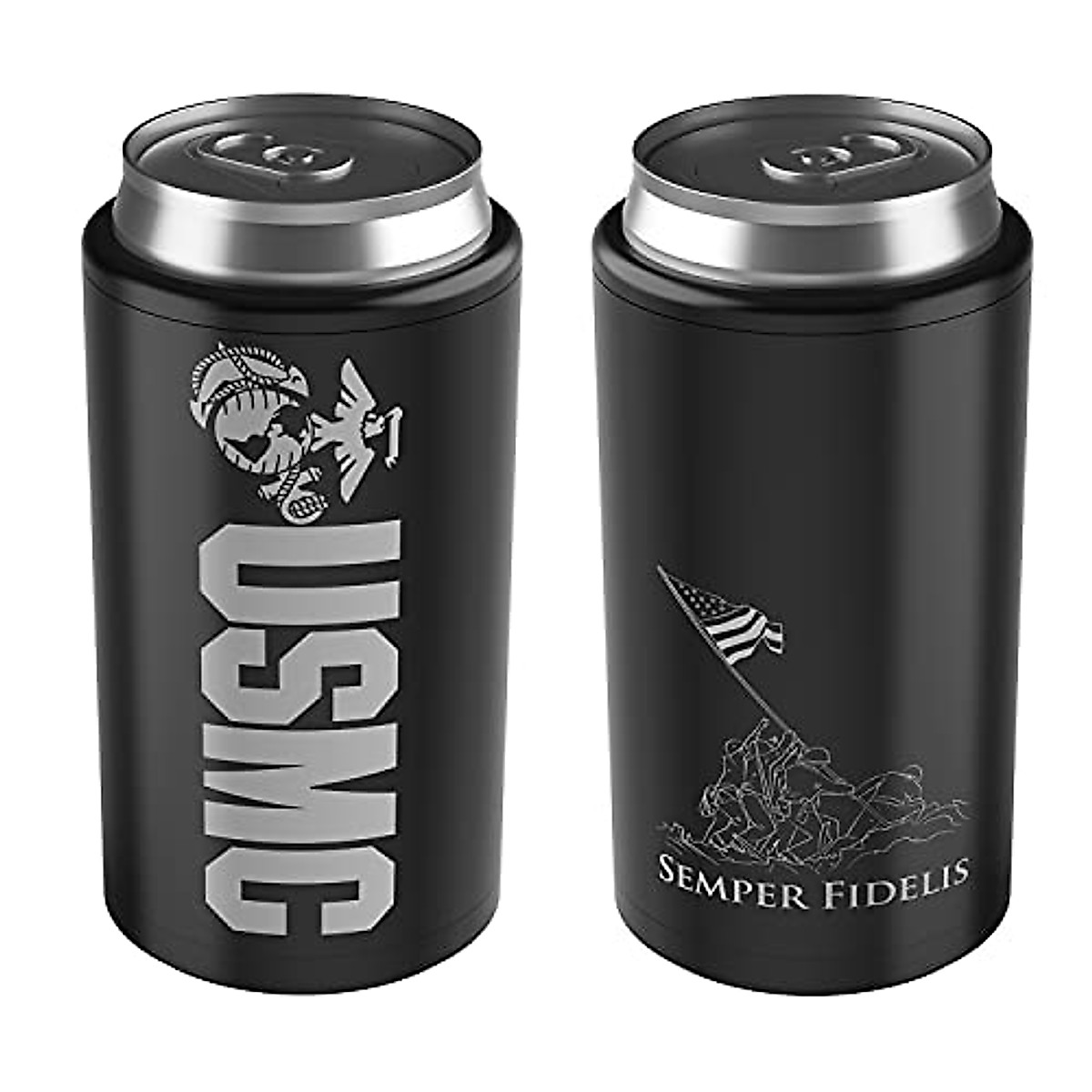 Marine Corps 4 in 1 Insulated Can Cooler, Stainless Steel Double-Walled Insulator for 12 oz Standard or Skinny Slim Cans, 12 Oz Beer Bottles & Mixed Drinks – Gifts for Marines