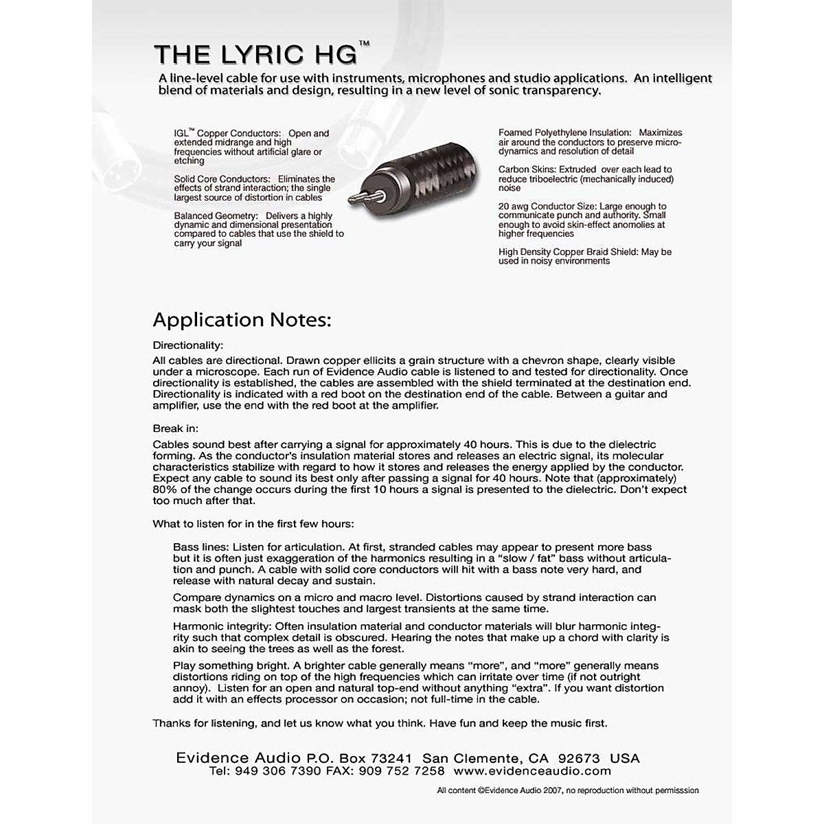 Evidence Audio LYHGSS20 Lyric Instrument Cable, 20-foot