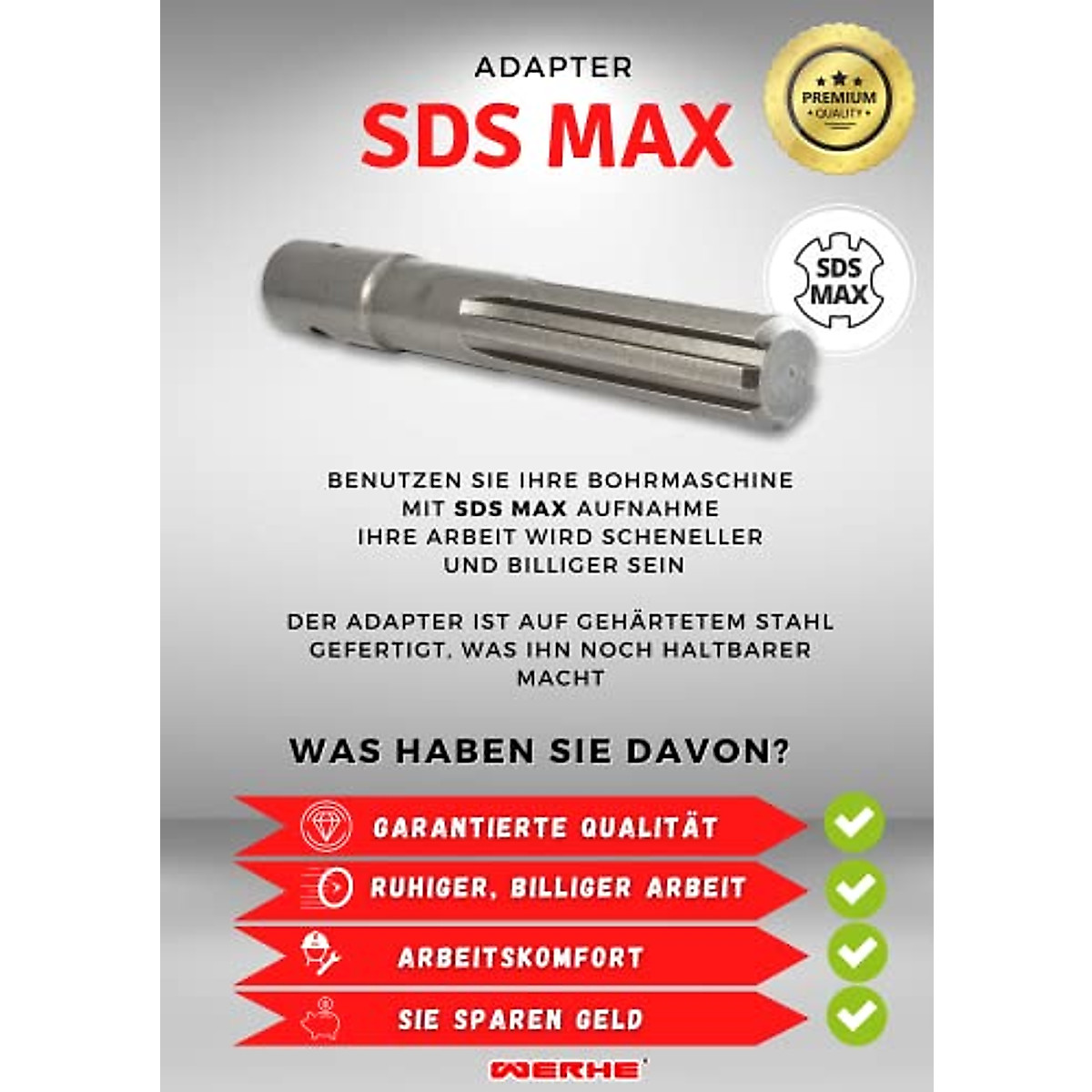 WERHE Profi Adapter for Earth Drill suitable for SDS Max Drilling Machine - For auger drill and SDS impact hammer Drill machine - Soil Drill Adapter for drills with Ø 1,6" 2,4" 3,15" 3,9" 4,7" 5,9"