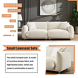 JSCHZ Comfy Couch Loveseat Sofa, Sherpa Teddy Oversized Loveseat Sofa Overstuffed Cloud Couch Extra Deep-Seat-Filled Couch for Small Spaces, Living Room, Apartment, (White)