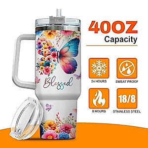 99WHALE Insulated Handle Steel Floral Yellow Stainless Quartz Coffee Hot Modern Rose Red Camelia, Christian Gifts, Tumbler 40 Oz With Handle Lid And Straw, Butterfly Blessed Faith