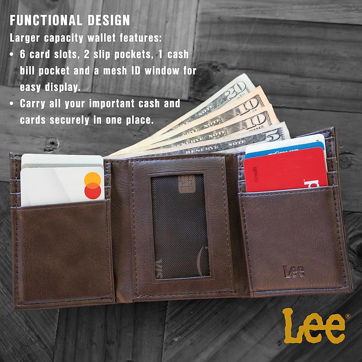 Lee Men’s Trifold Wallet Slim Casual Everyday Minimalist Cash and Card Holder with ID Window (Brown)