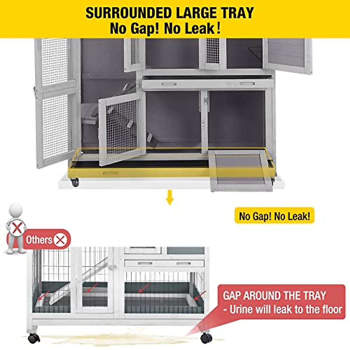 Aivituvin 47" Two Story Rabbit Hutch Bunny Cage with Wheels, Indoor Outdoor Guinea Pig Cage with 2 Deep No Leak Tray