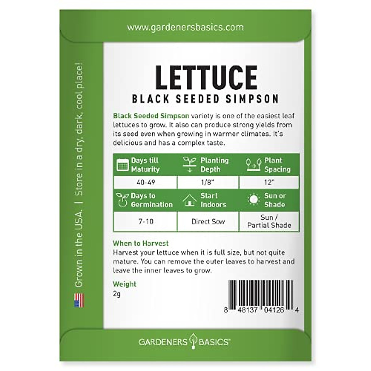 Green Leaf Lettuce Seeds For Planting - (Black Seeded Simpson Variety) Heirloom, Non-GMO Lettuce Variety- 2 Grams Seed Great For Spring, Summer, Fall, Winter Garden and Hydroponics by Gardeners Basics