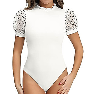 MANGOPOP Women's Bodysuit Ruffle Mock Turtle Neck Polka Dot Sheer Mesh Puff Short Sleeve Slim Fit Body Suit Tops Casual Sexy (L, B Short Sleeve White)