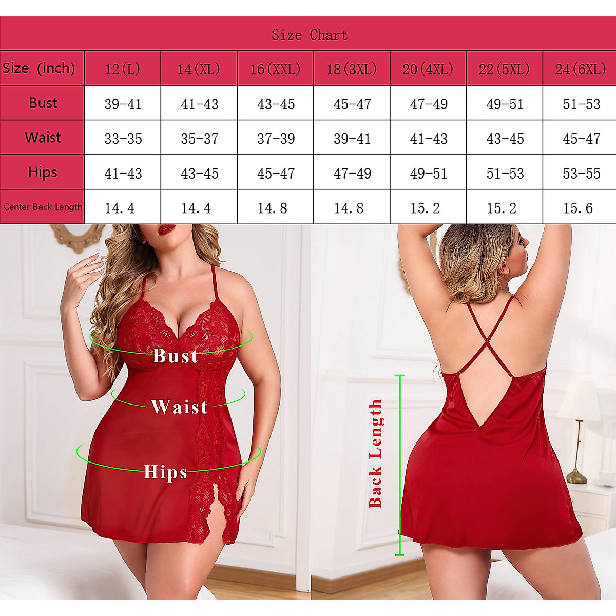 Avidlove Women Lingerie for Valentines Satin Nightgown Side Slit Lace Chemise Nightwear V Sleepwear Plus Size Red