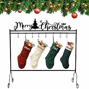 Profully 6 Hooks Christmas Stocking Holder Stand, Black Metal Christmas Stocking Hanger Stand for Floor with Detachable Christmas Decorations
