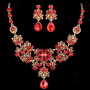 Dxhycc Silver Red Alloy Rhinestone Earrings Crystal Pendant Necklace Bridal Jewelry Set