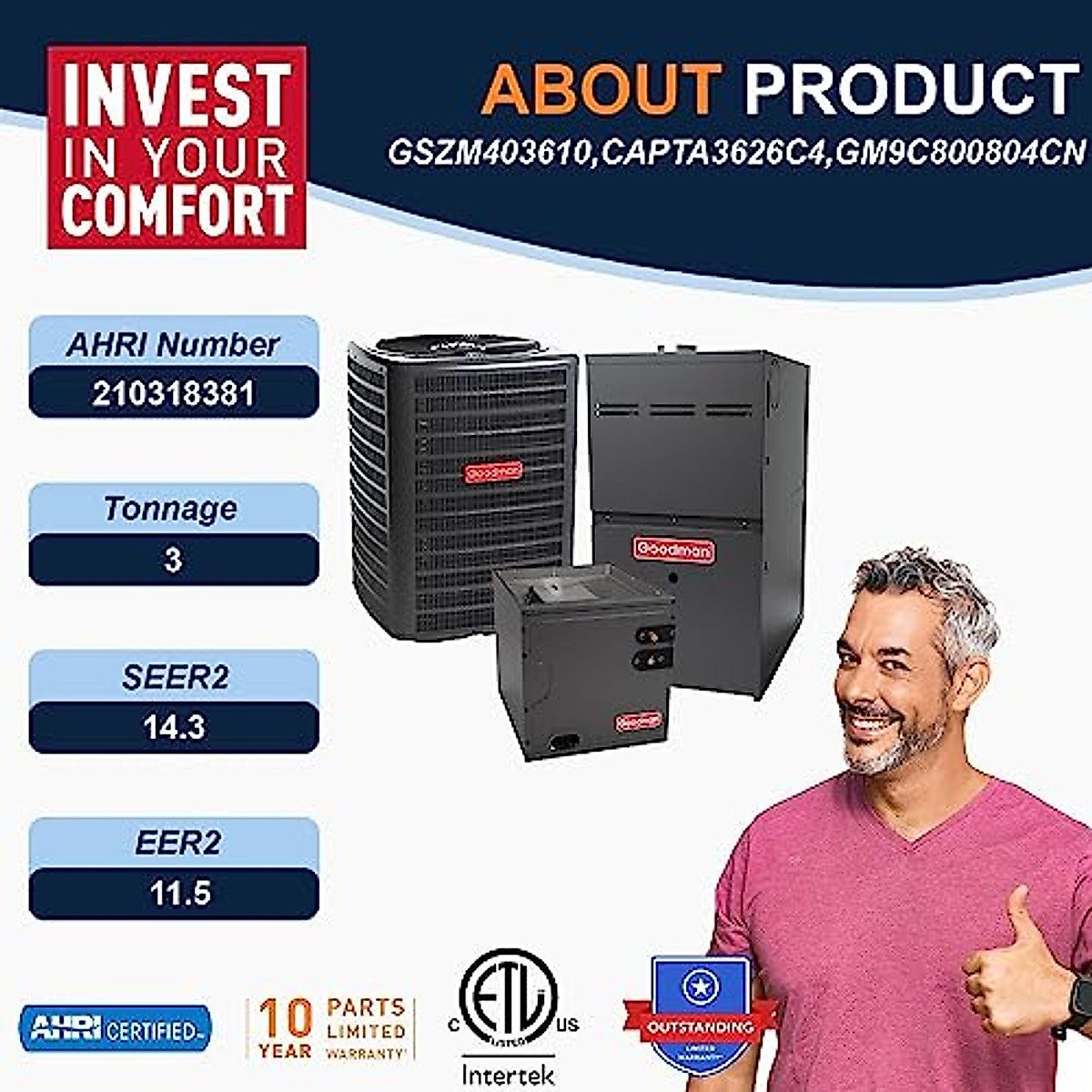 Goodman 3 Ton 14.3 SEER2 Single Stage Heat Pump GSZM403610 and 80,000 BTU 80% AFUE Multi-Speed Gas Furnace GM9C800804CN Upflow System with CAPTA3626C4