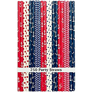 Bulk Anchor Nautical Theme Paper Straws - Navy Blue Red and White Party Supplies - 250 Pack Outside the Box Papers Brand