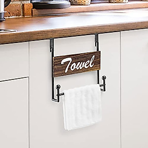MyGift Industrial Matte Black Metal Over Cabinet Door Hand Towel Bar Holder with Decorative Burnt Wood Cursive Towel Sign
