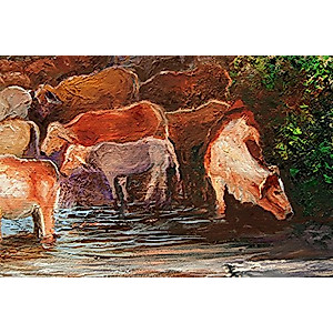 The Watering Hole, Herd of Cattle By Internationally Renown Artist Andre Dluhos