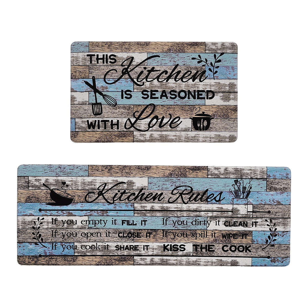 ASPMIZ Farmhouse Kitchen Rugs 2 Piece Anti Fatigue Kitchen Mats for Floor, PVC Memory Foam Kitchen Rug Waterproof, Non Slip Cushioned Comfort Mat for Standing, 18'' x 48'' + 18'' x 30'', Rustic Wooden