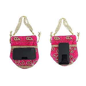 CRAFT BAZAAR Indian Potli Bag, Standing Drawstring Purse, Mini Bucket Bag, Evening Bag with Wristlet and Tassels (Pink)