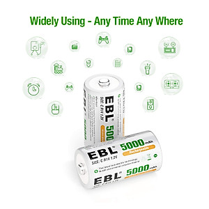 EBL Rechargeable C Batteries 5000mAh Ready2Charge C Size Battery with Storage Box, Pack of 6