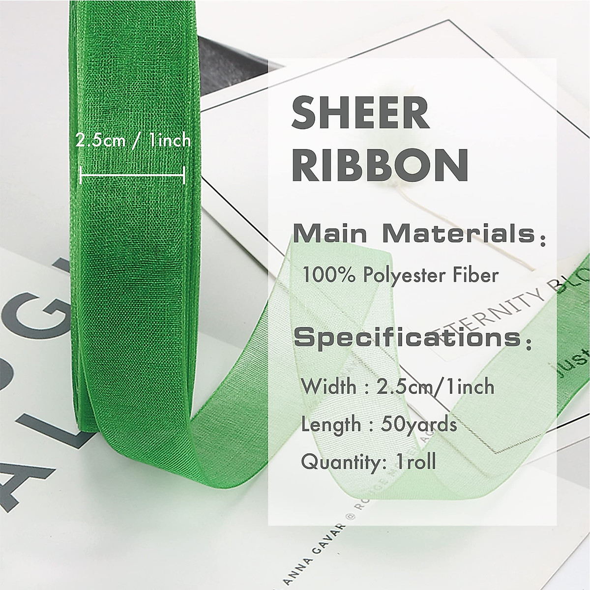 MUWOOB 1 inch Green Organza Ribbon, 50 Yards Sheer Chiffon Ribbons for Gift Wrapping, Bouquet, Garland, Bowknot, Hair, Crafts, Balloons, Party Decoration