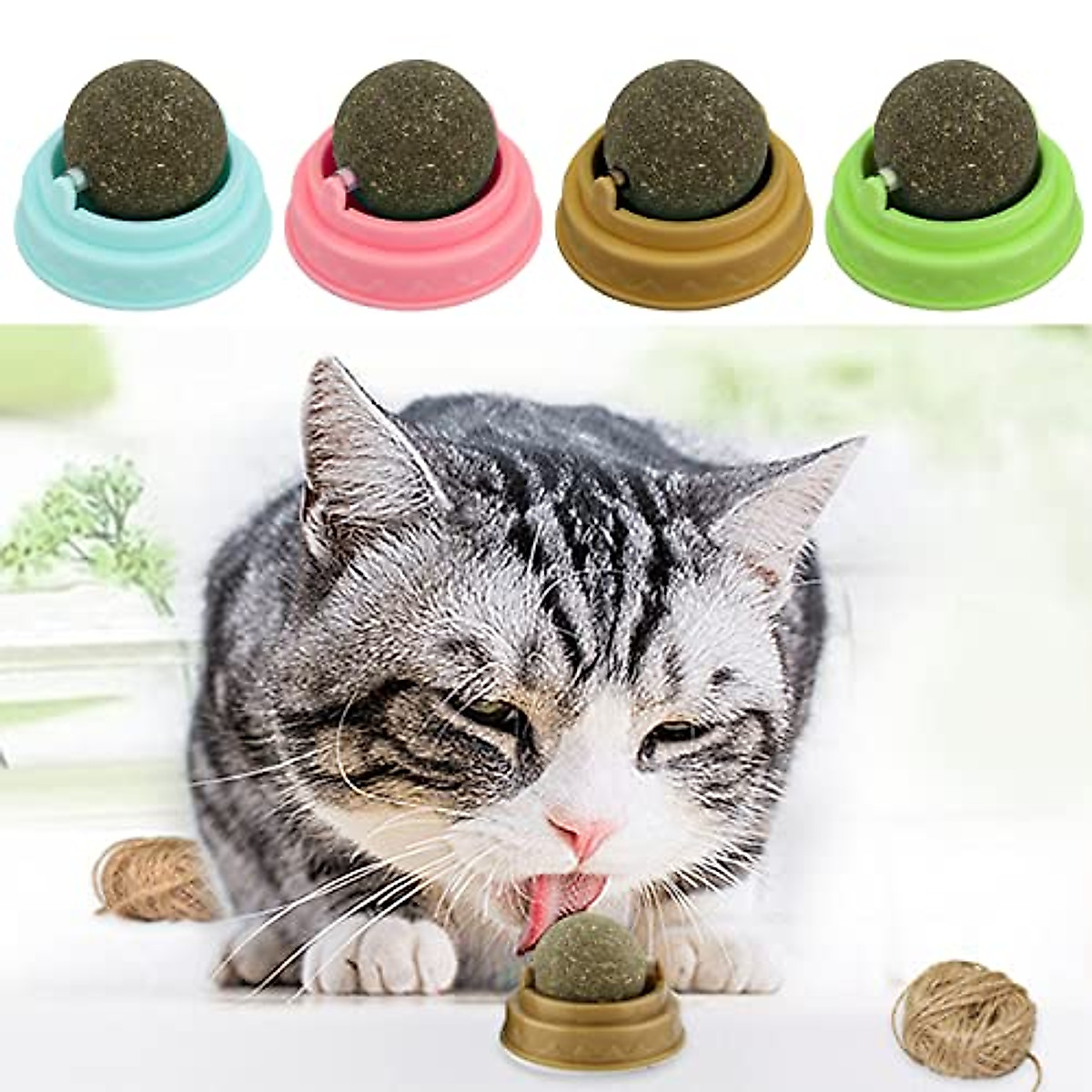 Catnip Wall Toys, 4 Pack Cat Toys, Rotatable Silvervine Catnip Lickable Balls, Safe Healthy Kitten Chew Toys, Teeth Cleaning Cat Bite Toy, Cat Wall Treats