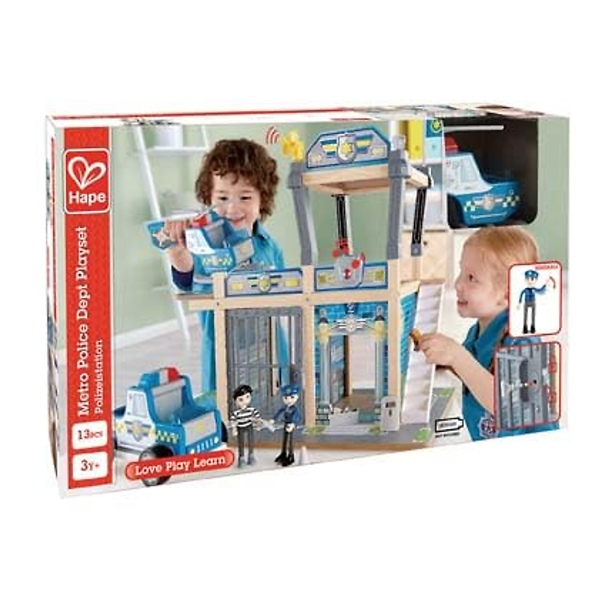 Hape Metro Police Station Play Toy Set with Sounds and Lights| 2-Level Wooden Pretend Play Toy with Action Figures and Accessories