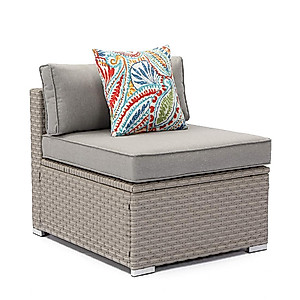 COSIEST Outdoor Furniture Add-on Armless Chair for Expanding Wicker Sectional Sofa Set w Warm Gray Thick Cushions, 1 Floral Fantasy Pillow for Garden, Pool, Backyard