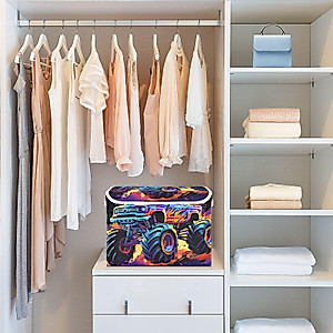 Vnurnrn Neon Monster Truck Storage Cube with Lid Collapsible, Large Capacity Foldable Storage Basket Bin Organizer 16.5×12.6×11.8 IN