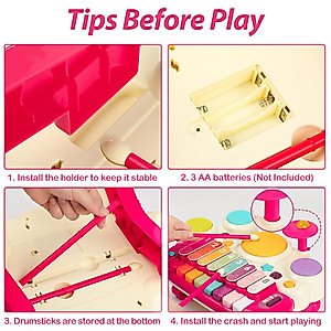 Popsunny Baby Musical Toys, 5 in 1 Toddler Drum Set Electronic Piano Keyboard Xylophone with Lights, Music Instruments Learning Toys Gifts for Boys Girls 1 2 3 Years Old