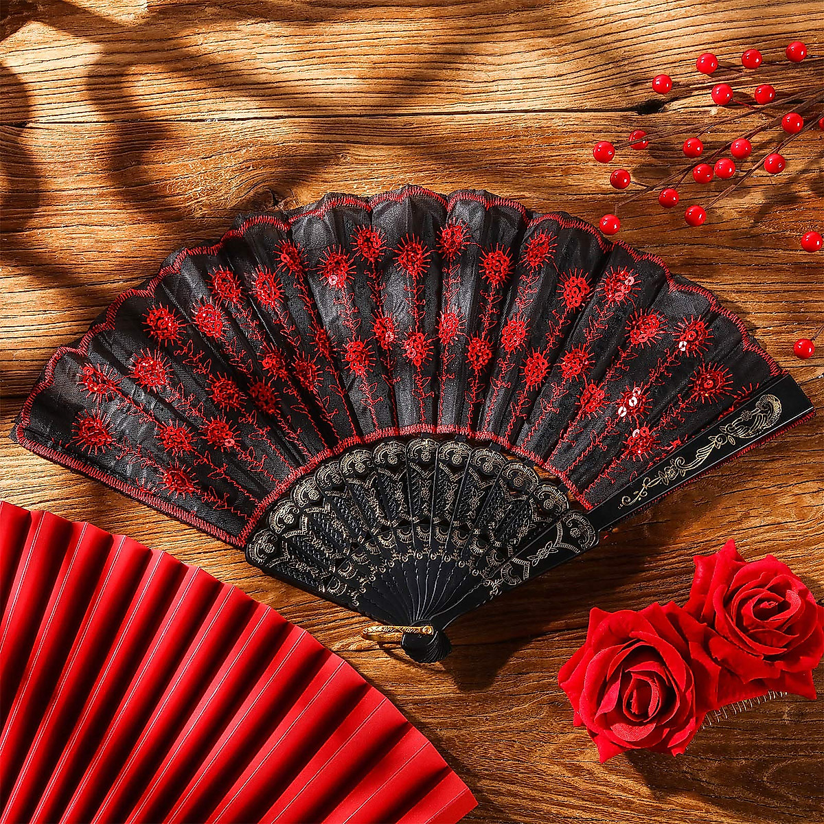 2 Pieces Women Rose Flower Hair Clip and Embroidered Sequins Fabric Handheld Folding Fan Hair Accessories for Flamenco Dancer Costume Accessories Girl Halloween Cosplay Party (Red)