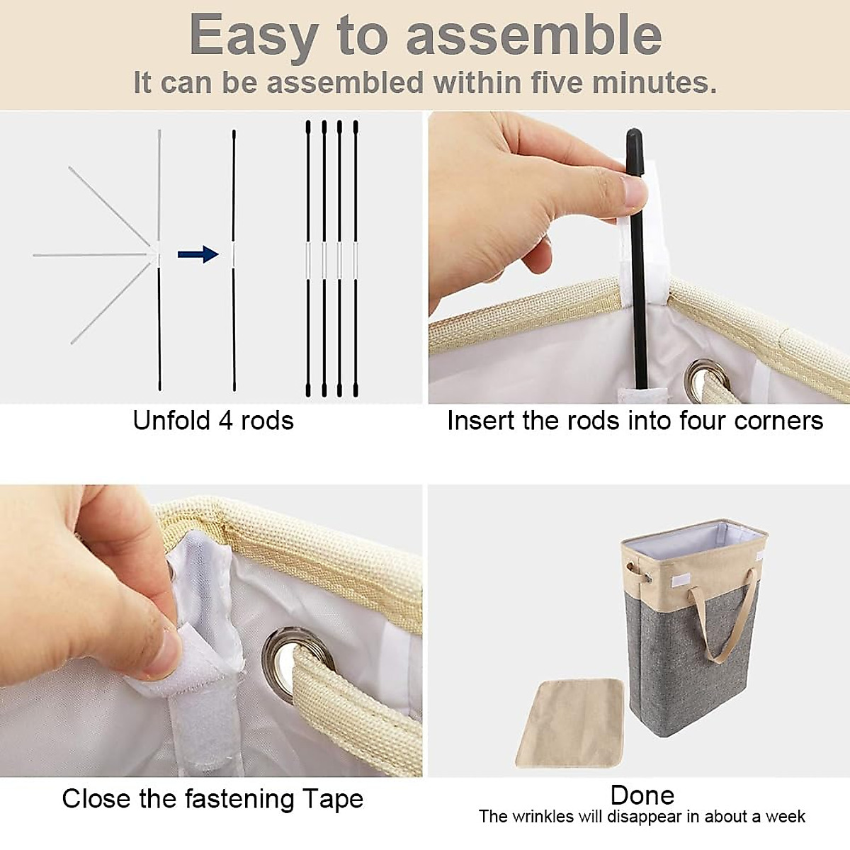 REWXXD Slim Laundry Hamper with Handles and Lid, Narrow Hamper with Lid, 45L, Beige and Silver, Collapsible Dirty Clothes Basket for Dorms, Apartments, Guest Rooms