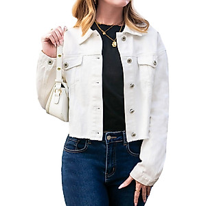 Anna-Kaci Women's Denim Jacket Cropped Raw Hem Casual Button Down Jean Jacket with Pockets, White, Large