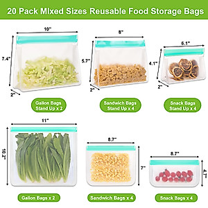 Moretoes 20 Pack Reusable Freezer Food Storage Bags, Silicone Bags Reusable Storage, Quart Freezer Bags for Lunch Marinate Food Travel (Green, 6 Sizes, Stand Up & Lay Flat)