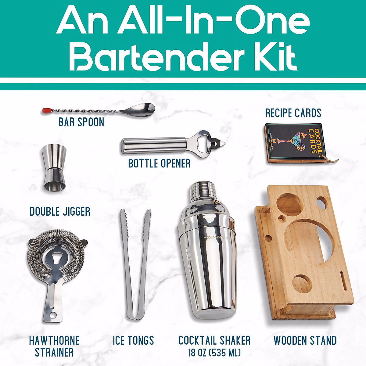 Mixology Bartender Kit with Stand | Silver Bar Set Cocktail Shaker Set for Drink Mixing - Bar Tools: Martini Shaker, Jigger, Strainer, Bar Mixer Spoon, Tongs, Opener | New Bartender Gift Idea