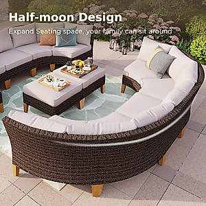 PHI VILLA 8-Piece Outdoor Furniture Wicker Set with 56" Gas Fire Pit Table Half-Moon Curved Patio Conversation Waterproof Rattan Sofa with Ottoman, Beige