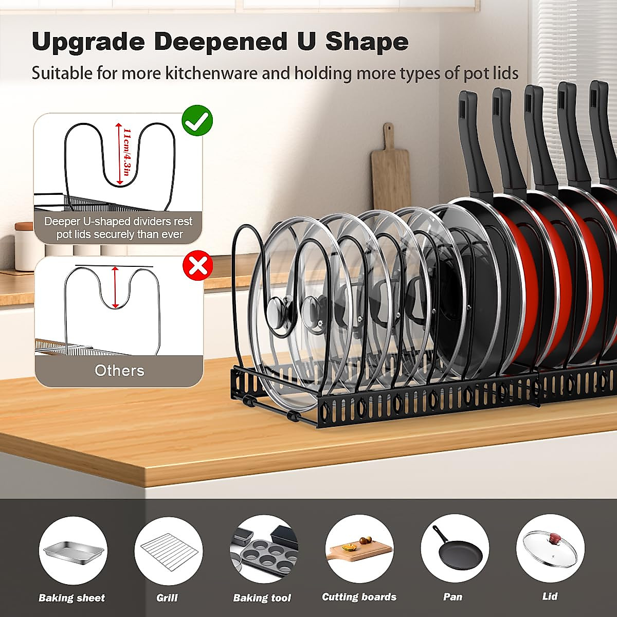 Housolution Pot and Pan Organizer Rack for Cabinet, Expandable Pot Lid Organizer Holder with 14 Adjustable Dividers, Pan Organization and Storage Lid Organizer Rack Pots and Pans for Cabinet, Black