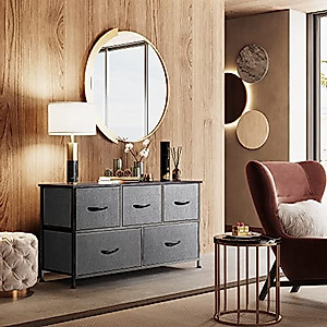 WLIVE 1-Drawer Nightstand and 5-Drawer Dresser Set, Fabric Dresser, Storage Organizer Unit with Fabric Bins for Closet, Living Room, Hallway, Nursery, Steel Frame, Wood Top, Dark Grey