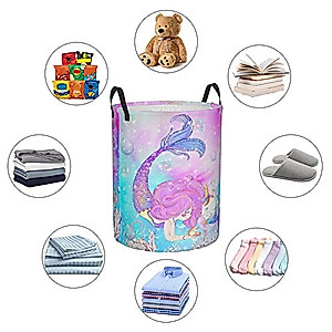 KiuLoam Girls Mermaid and Narwhal Laundry Baskets, Bedroom Hamper Collapsible Waterproof Oxford Fabric with Handle Foldable Cloth Washing Bin Tote Bag (16.5 Inches)