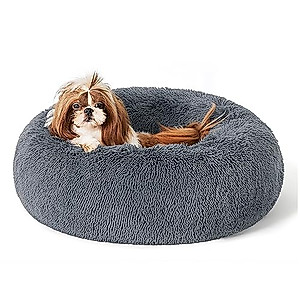 Bedsure Calming Dog Bed for Small Dogs - Donut Washable Small Pet Bed, 23 inches Anti-Slip Round Fluffy Plush Faux Fur Large Cat Bed, Fits up to 25 lbs Pets, Dark Grey