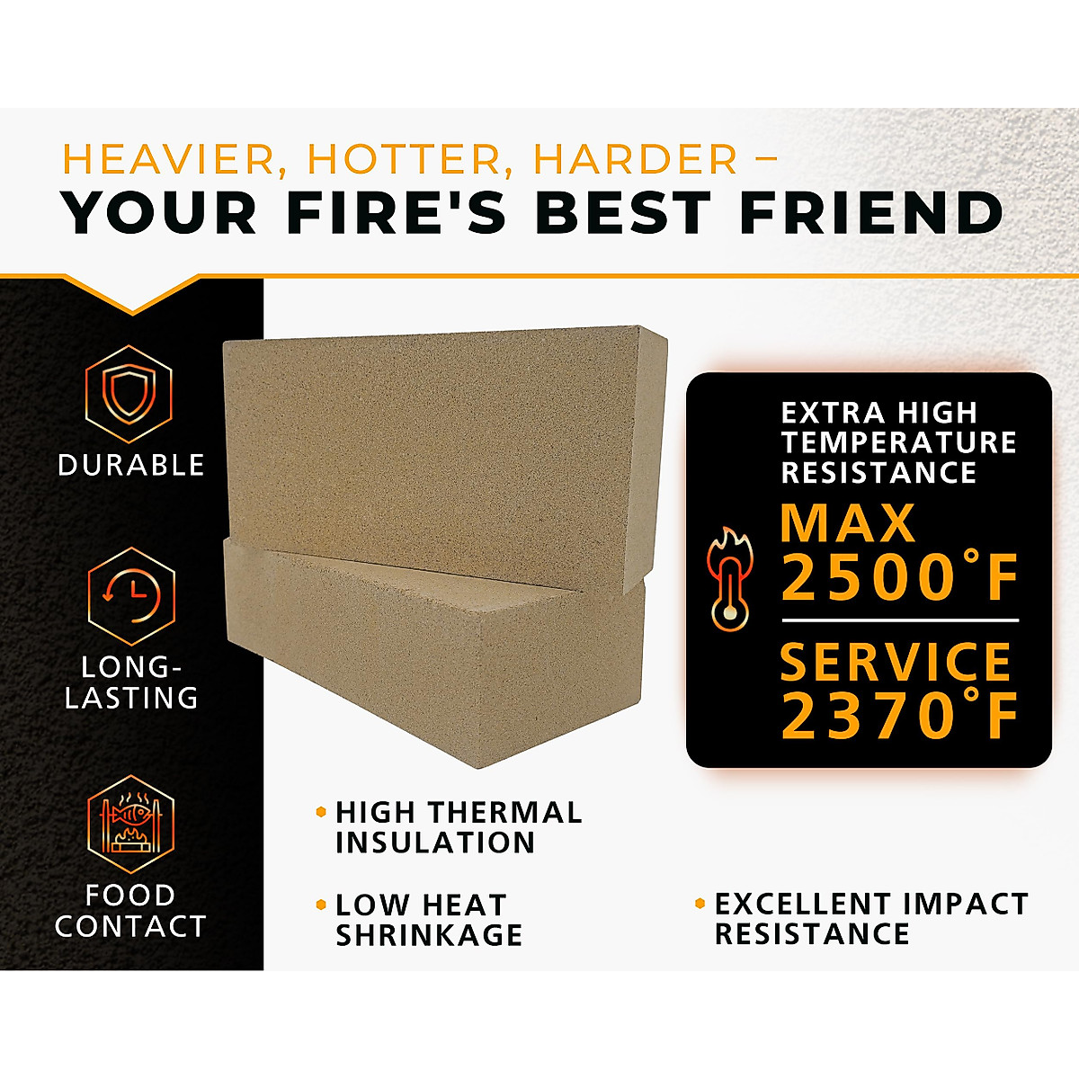 GIRtech Fire Bricks FireBrick High Temperature Insulated Firebricks - 2500F Pack of 2 - Size 9" x 4.5" x 2.5" - Fireclay, Chamotte Firebricks for Ovens, Forges, Kilns, Fireplaces, Wood Stoves