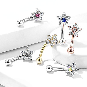 Covet Jewelry Double Tiered 6 CZ Flower 316L Surgical Steel 16GA Eyebrow Ring/Curved Barbell (Rose Gold)