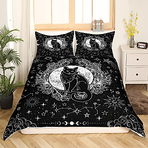 Mysterious Cat Bedding Set Twin Size 2 Pcs,Boho Exotic Tribal Abstract Art Duvet Cover for Kids Teens Bed Comforter Cover Set,Full Moon Galaxy Starry Duvet Cover Set for Home Decoration(No Filler)