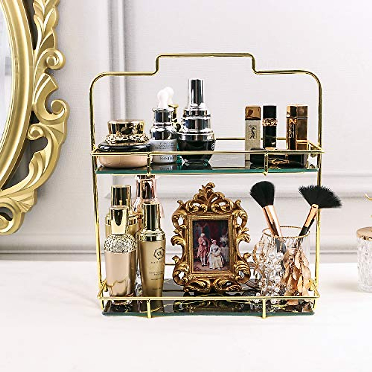 Simmer Stone Makeup Organizer Shelf, 2 Tier Cosmetic Storage Basket with Removable Glass Tray, Wire Vanity Organizer Rack for Dresser, Countertop, Bathroom and More, Gold