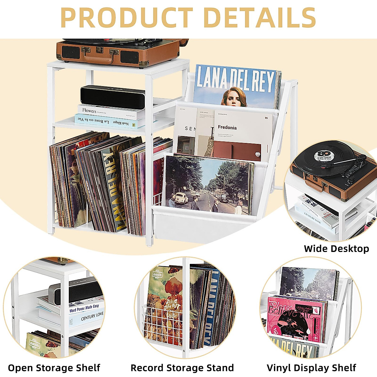 LELELINKY Record Player Table,Turntable Shelf with Vinyl Storage Up to 150 Albums,White Side Table with 3 Tier Magazine Periodical Book Rack,Wide Metal Record Holder Cabinet for Room Office