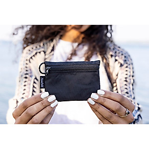 Flowfold Recycled Fabric Mini Zipper Pouch Water Repellent Small Pouch Wallet & Card Pouch for Keys, ID, Coins & AirPods Case Made in USA (Black, Recycled Material)