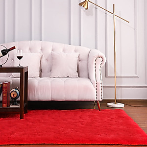 Keeko Fluffy Bedroom Rug, 3x5 Washable Area Rug Shag Fuzzy Faux Fur Rug Modern Rugs for Bedroom Entryway Shaggy Non Shedding Indoor Bedside Rug Small Carpet for Kids Girls Room Home Decor Red